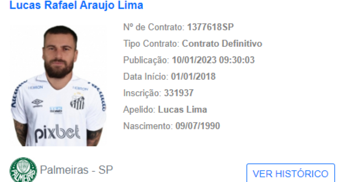 Lucas Lima aparece com a camisa do Santos no BID da CBF