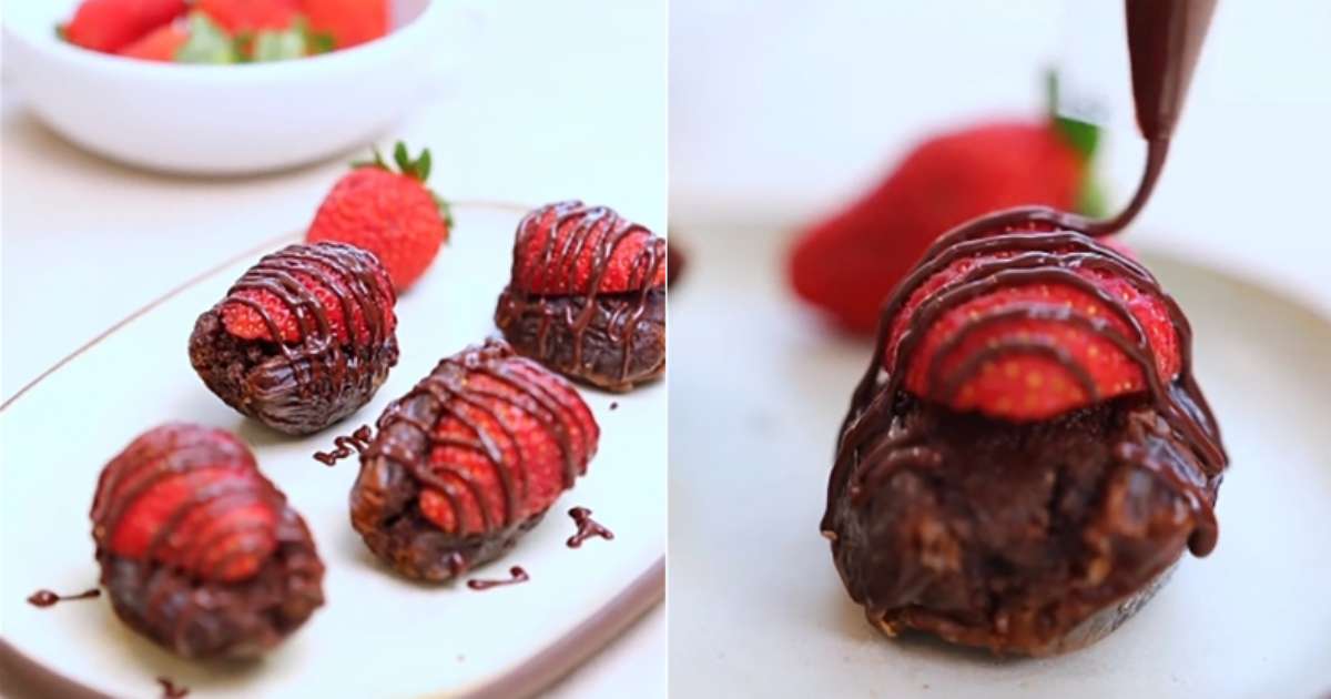 Receita de doce proteico de tâmara com morango e chocolate