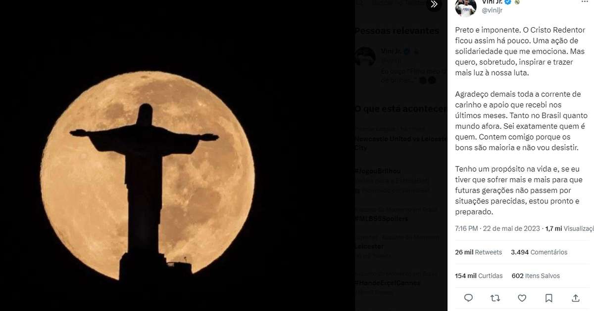 Cristo Redentor se apaga em ato de solidariedade a Vini Jr.