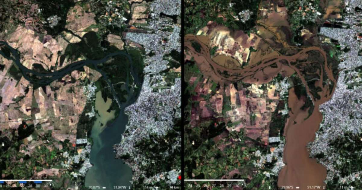 Imagens de satélite revelam a extensão da cheia no Guaíba em Porto Alegre