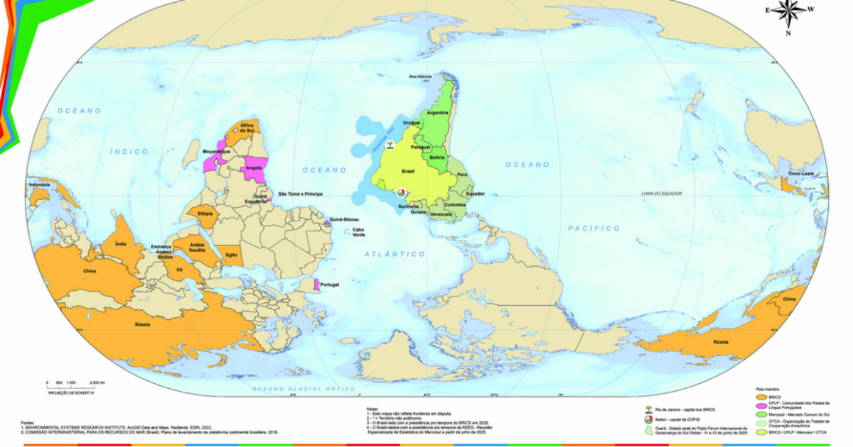 IBGE lança mapa-múndi invertido, com o Brasil no centro e o Sul no topo ...