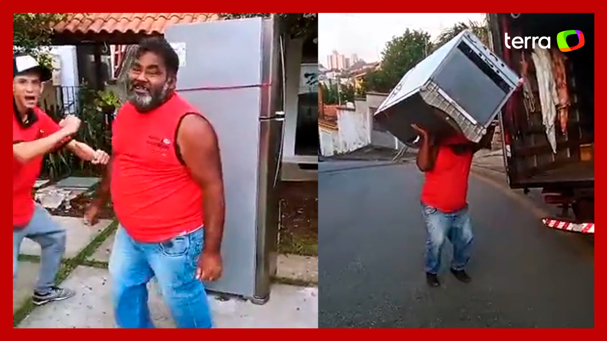 Homem viraliza ao fazer passinho de funk com geladeira nas costas