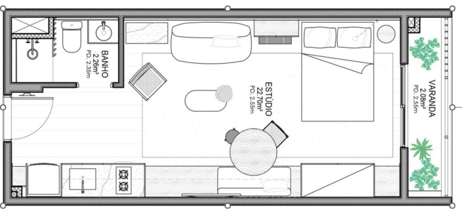 Mini loft de 28 m² ganha décor wabi-sabi com tons terrosos e minerais