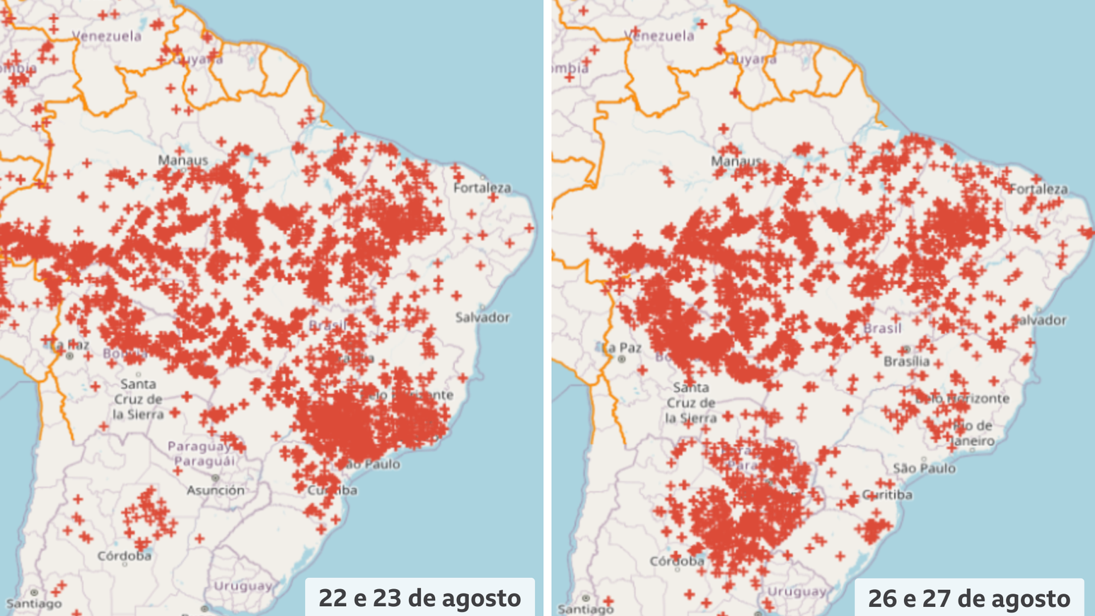 As imagens de satélite que mostram fumaça das queimadas tomando cidades ...