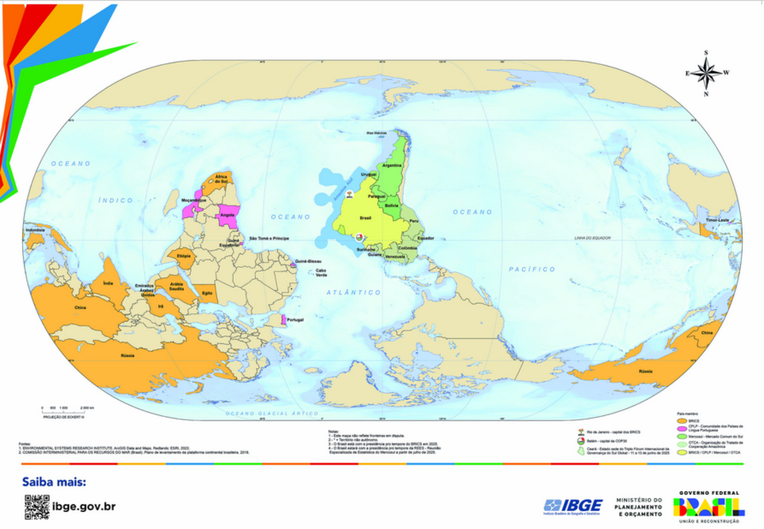 IBGE lança mapa-múndi invertido, com o Brasil no centro e o Sul no topo ...
