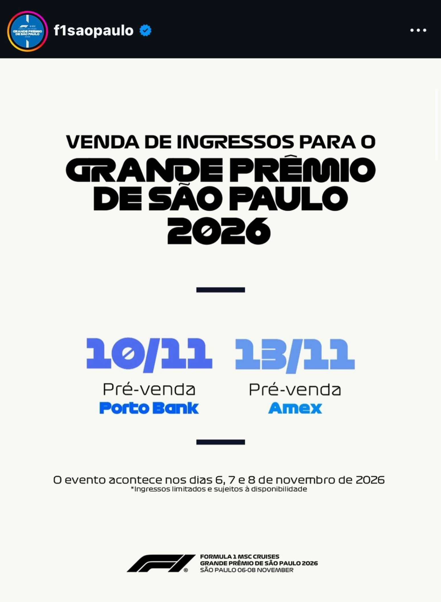 F1 anuncia datas da pré-venda de ingressos para o GP de São Paulo 2026