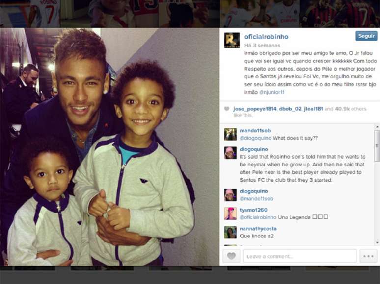 Filho de Robinho vira fã de Neymar, e pai brinca: "se jogar metade tá bom"
