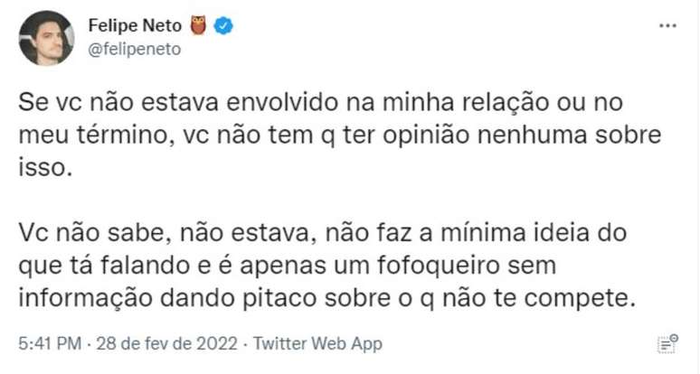 Felipe Neto deseja sorte a ex-namorada que participará do 'Big Brother ...