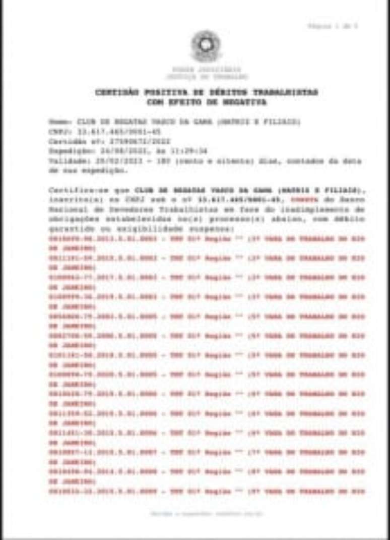 Vasco obtém certidão que comprova regularidade com obrigações trabalhistas