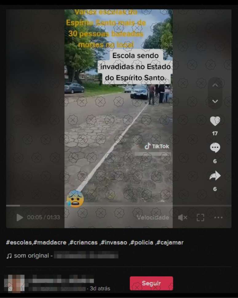 Não é recente, mas de 2022, vídeo gravado após ataque a escolas no ES
