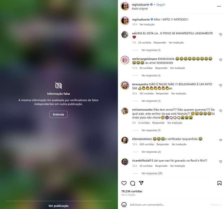 Regina Duarte publica mentira sobre Nando Reis e é advertida pelo Instagram