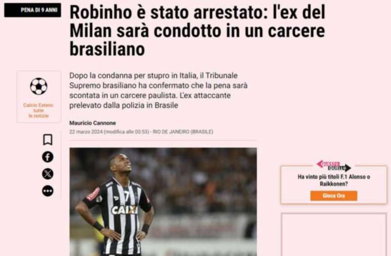 Prisão de Robinho ganha repercussão em jornais europeus