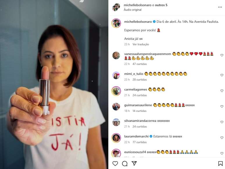 Michelle usa blusa com dizeres 'anistia já' escritos em batom para convocar para ato na Paulista